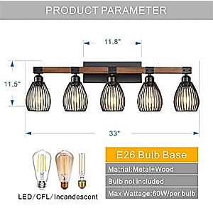 MZMHD 5-Light Farmhouse Bathroom Light Fixtures,Rustic Wood Cage Vanity Lights,Industrial Black Wall Sconce Lighting Over Mirror,Hallway,Bedroom