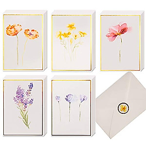 40 Plain Floral Cards, 4 x 6 in Assorted Artistic Watercolor & Gold Foil All Occasion Greeting Cards, Bulk Boxed Set of Blank Flower Stationary Notecards with Envelopes & Stickers