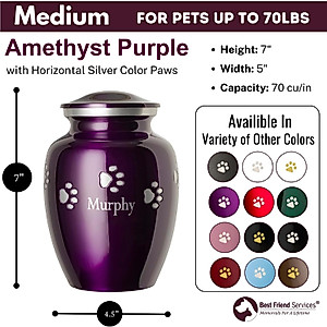 Best Friend Services Pet Urn for Dogs and Cats with Personalized Laser Engraving, Ottillie Paws Premier Series Memorial Urns (Medium Amethyst Purple with Horizontal Pewter Paws)