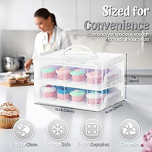 Flexzion Cupcake Carrier, Cupcake Holder for 24 Cupcakes, Portable and Reusable Rectangular Cake Carrier with Lid and Handle, 2 Tier Stackable Layer Insert (Clear)