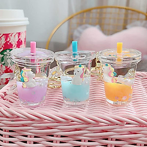 HSYHERE Girls Women Creative Beautiful Romantic Floating Unicorn Milk Tea Cup Keychain Keyrings, Moving Sand Help Relax Car Key Chain Key Ring Bag Pendant Key Holder Daisy Flower Strap Bell -Pink