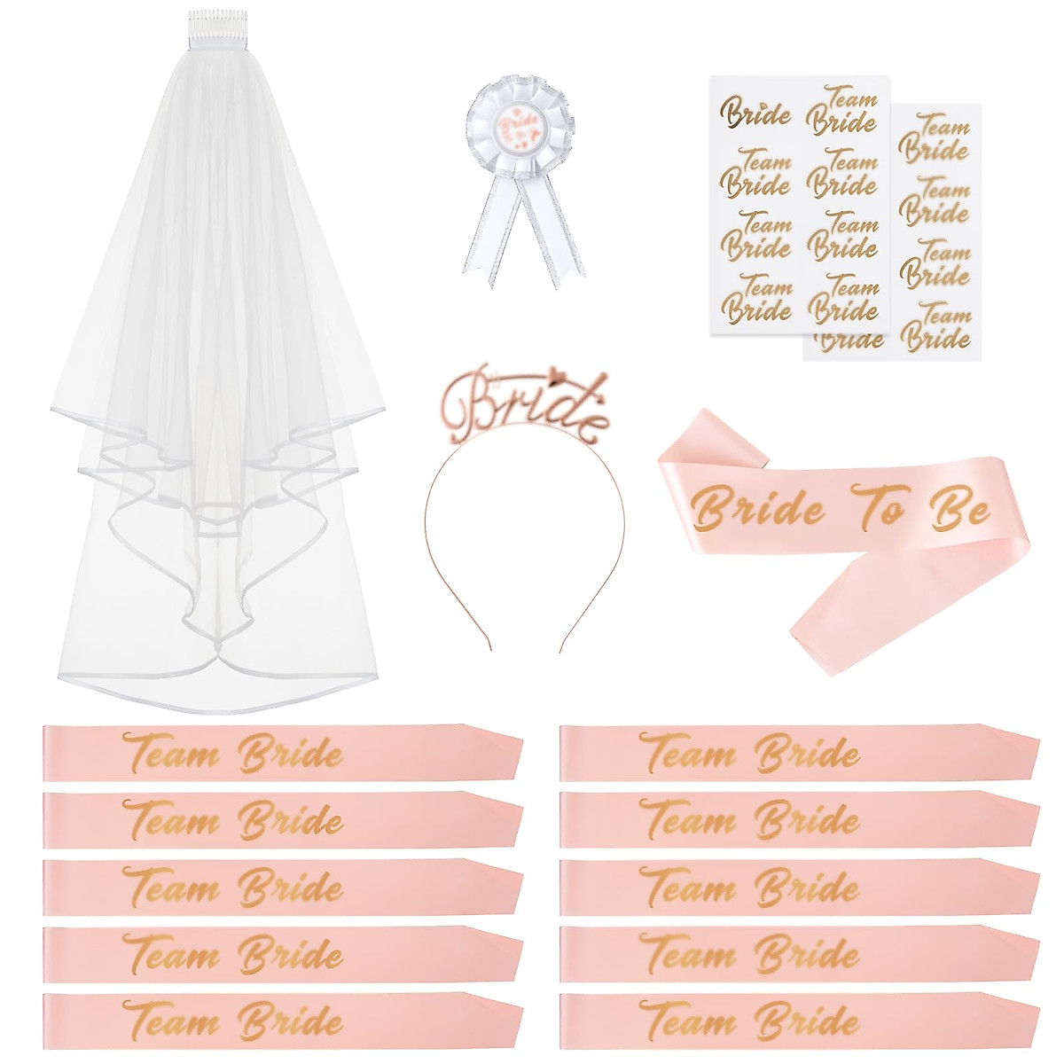 Fontien Bride to Be Bachelorette Party Supplies, 16pcs Bachelorette Party Decorations Kit Bride to Be Sash Veil Tiara Tattoos for Bridal Shower Wedding Decorations, Rose Gold