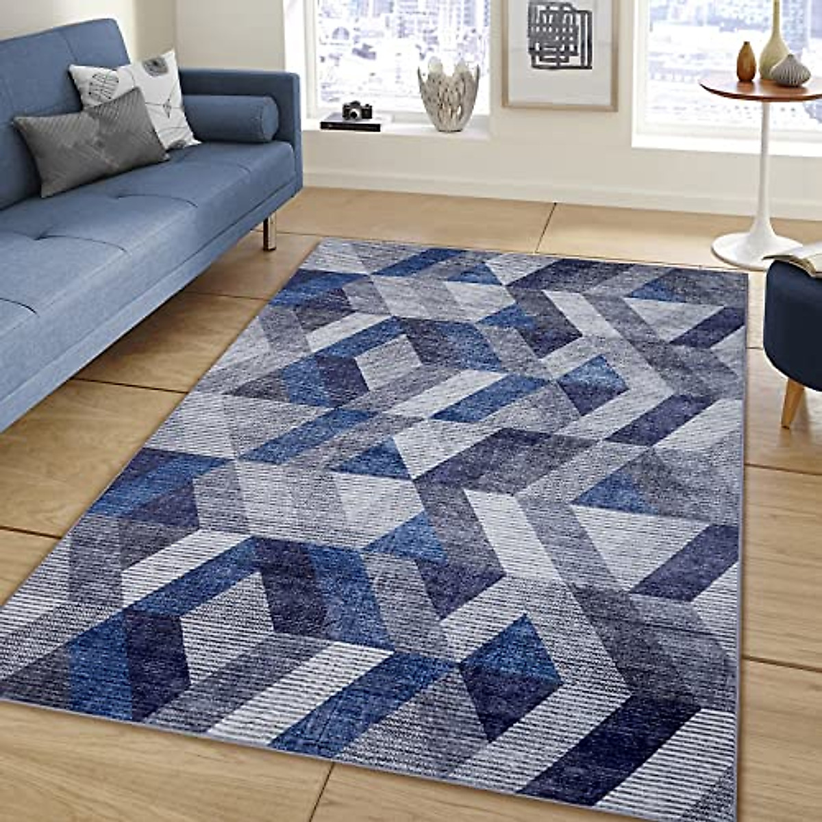 RUGSREAL Washable Rug Geometric Trellis Low-Pile Area Rug Stain Resistant Modern Area Rug Throw Non-Slip Non-Shedding Area Rug for Living Room Bedroom Office, 5' x 7' Blue