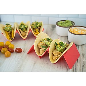 Foldable Taco Holders Set of 4, Red Taco Holder for Soft & Hard Taco Shells, Collapses for Improved Kitchen Storage & Organization, Taco Holder Stand Kit Holds 2 or 3 Tacos, Dishwasher Safe Plastic
