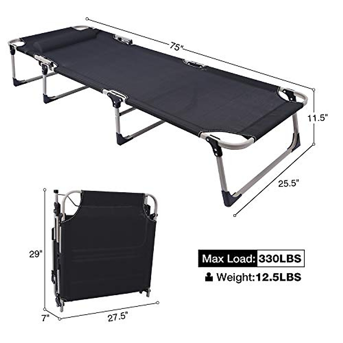 REDCAMP Oversized Fold Up Camping Cots for Adults Most Comfortable, Adjustable 4 Position Reclining Outdoor Lounge Chairs for Outside Patio Indoor Sleeping, Black