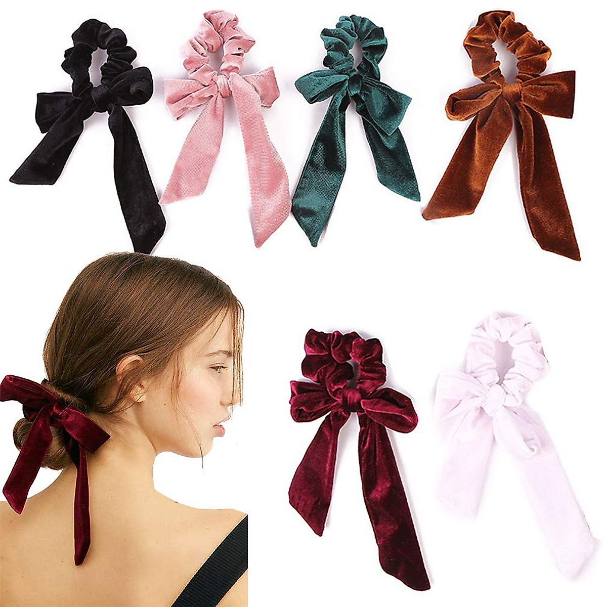 6Pcs Hair Scrunchies Bowknot Velvet Elastics Hair Bands Scrunchy Hair Rope Ties Hair Bow Ponytail Holder Accessories for Women Girls