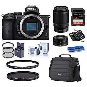 Nikon Z 50 DX-Format Mirrorless Camera Body with NIKKOR 16-50mm f/3.5-6.3 and 50-250mm F/4.5-6.3 VR Lens, Filter Bundle with Hoya 62mm UV and CPL Filter, Case, 64GB SD Card, and Accessories