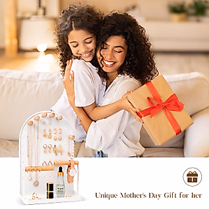 ProCase Cute Jewelry Organizer Stand Earring Holder Organizer for Dorm, Aesthetic Necklace Stand with 6 Removable Wood Hooks, Small Jewelry Display Rack with Bottom Tray for Bracelets Rings -White