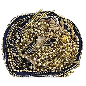 Indian Potli Bag, Bucket Bag Embellished With Golden Motifs For Parties, Weddings, Brides, Festivals, Velvet Purse (Navy)