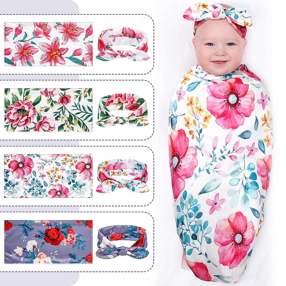 Moukeren 4 Sets Baby Swaddle Newborn Baby Receiving Blankets with Headbands Newborn Floral Printed Swaddle Blanket Infant Swaddle Nursery Swaddling Blankets for Newborn Shower Swaddle Gifts, 4 Design