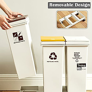 Sequpr Kitchen Trash Can with Lid can Slide 40l(20l+20l), 2 x 5.28 Gal Garbage Can for Kitchen Outdoor, Double Trash Cabinet Cans Bin with Holder, Plastic Storage Recycling Bins, White