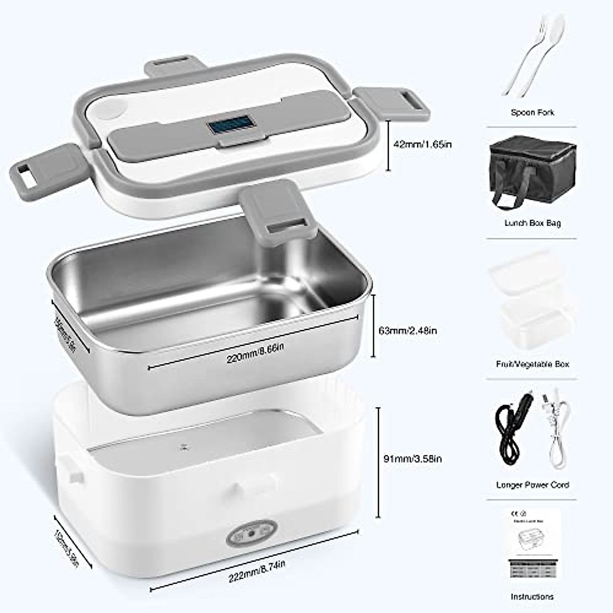 Naibsan Electric Lunch Box 60W Food Heater for Adults, Portable Faster Food Warmer with 1.8L Removable Stainless Steel Container, 12V/24V/110V Leakproof Heated Lunch Box for Car/Office