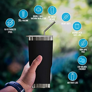 BluePeak Double Wall Vacuum Stainless Steel Insulated Tumblers Set, 2-Pack - Includes 2 Sipping Lids, 2 Spill-Proof Sliding Lids, 2 Straws, 1 Cleaning Brush & Gift Box (30 oz, Black)