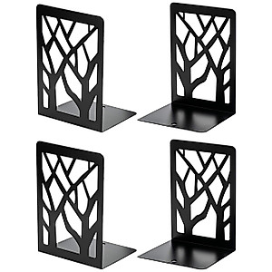 MaxGear Book Ends Tree Design Modern Bookends for Shelves, Non-Skid Bookend, Heavy Duty Metal Book Stopper for Books/CDs, Decorative Book Shelf for Home, 7 x 4.7 x 3.5”, Black (2 Pair/4 Pieces, Large)