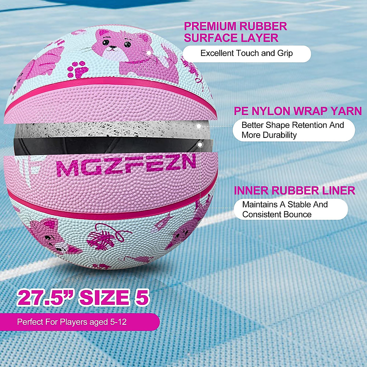 MGZFEZN Youth Basketballs Size 5 Rubber Game Outdoor 27.5 Basketball for Kids Play School Games Indoor Outdoor Park Beach & Pool with Pump(Pink)