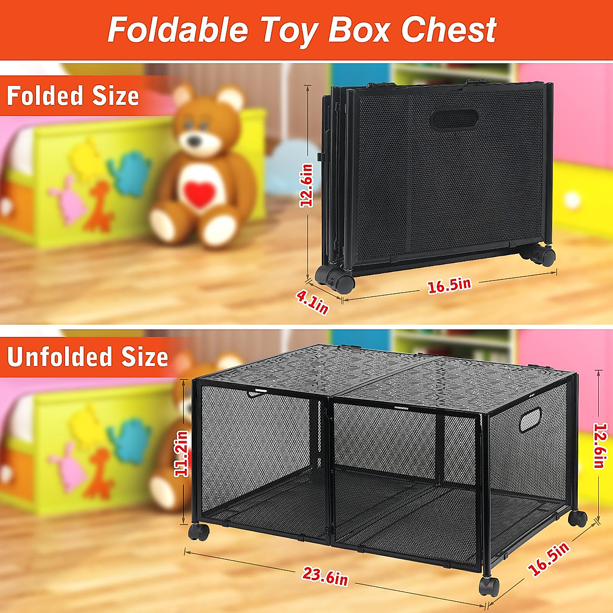 Haturi Large Metal Toy Box Storage, 2 Pack Large Toy Storage and Organizer with Metal Lid, Sturdy Toy Organizer with Wheels, Storage Boxes Bins for Playroom, Living Room, Bedroom (Black Collapsible)
