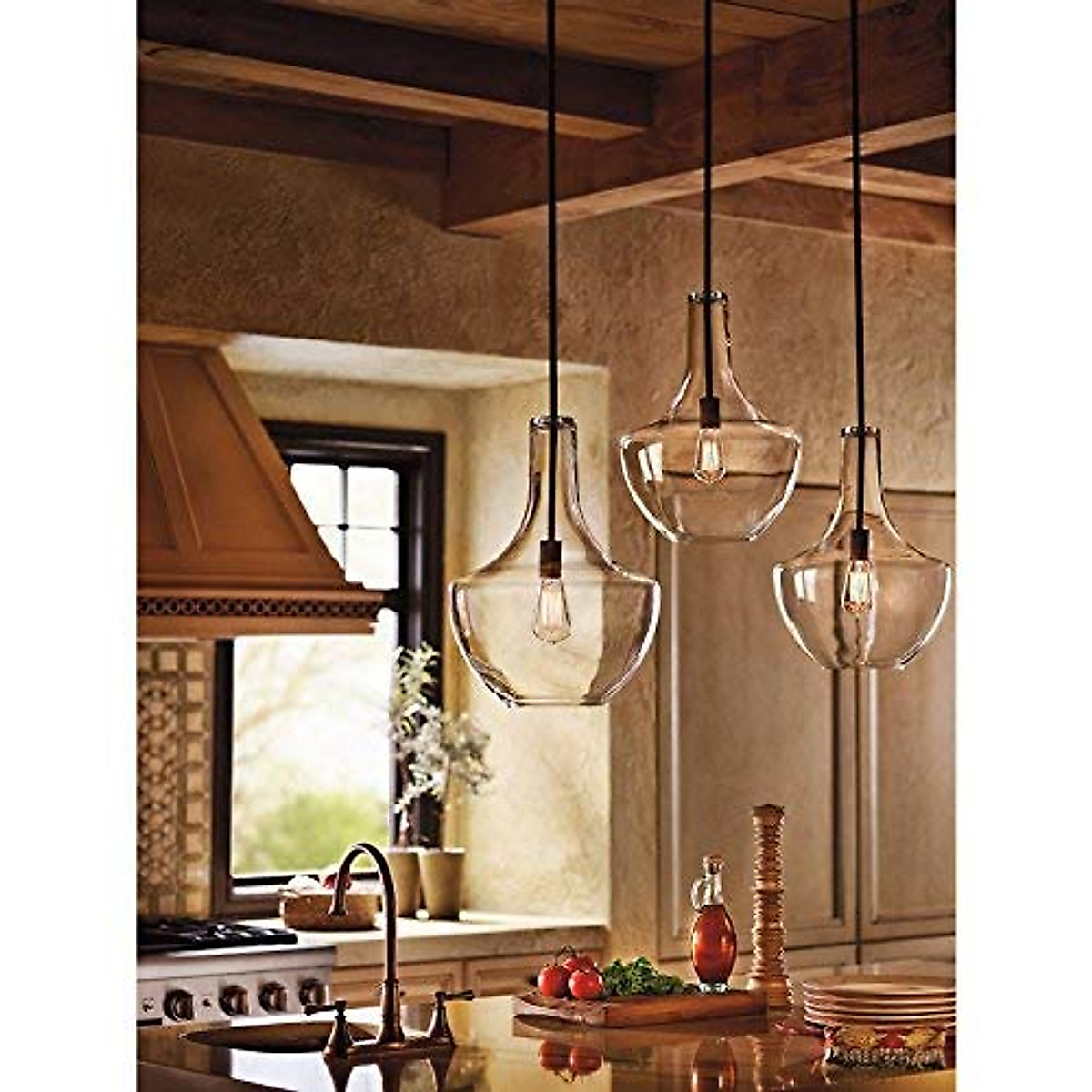Kichler Everly 19.75" Kitchen Bell Pendant in Olde Bronze®, 1-Light Clear Seeded Glass Pendant Light, (19.75" H x 13.75" W), 42046OZCS