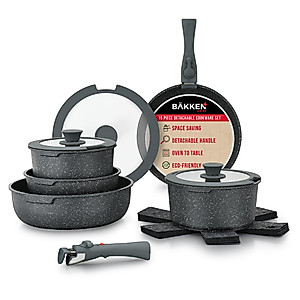 Bakken 15-Piece Non-Stick Cookware Set with Detachable Handles – Granite Stackable Pots and Pans Set, Dishwasher Safe, Oven-Safe, and Compatible Kitchen Essential for All Stoves – Black Granite.