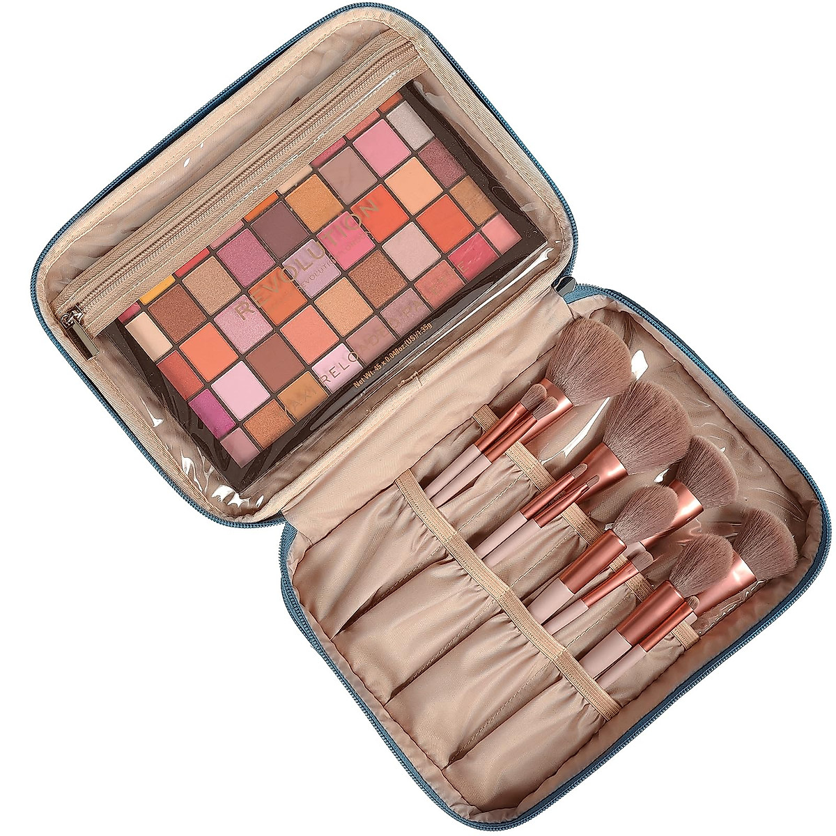 NISHEL Large Double Layer Travel Makeup Bag Women, Cosmetic Case, Organizer for Travel-Size Accessories Bottles, Brushes, Conditioner, and Skin Care Products, Lake Blue