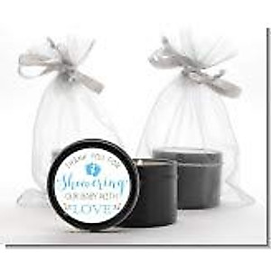 Baby Shower Stickers | Blue | Thank You for Showering Our Baby with Love | 48 Stickers - 1.67 Inches Round | Baby Shower Stickers for Boys | Pitter Patter - Tiny Baby Feet Baby Shower Labels