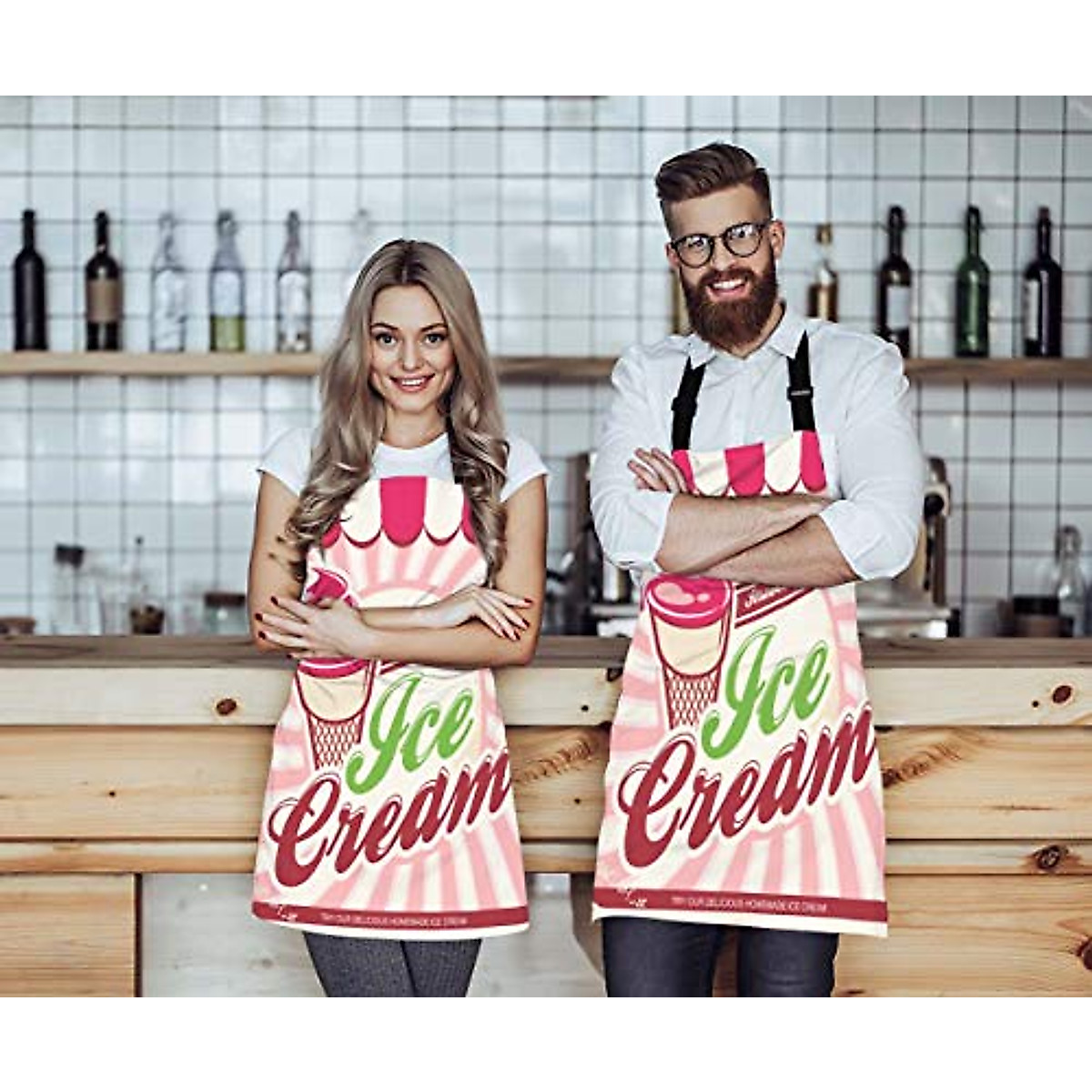 WONDERTIFY Ice Cream Apron,Vintage Background Ribbon with Delicious Homemade Dessert Strawberry Bib Apron with Adjustable Neck for Men Women,Suitable for Home Kitchen Cooking Waitress Chef Apron