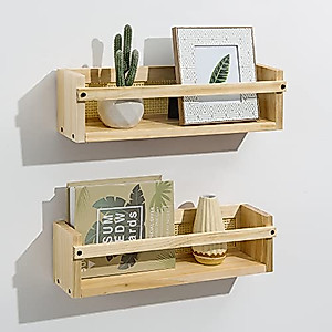 Petrala Boho Rattan Floating Shelves Set of 2, Natural Wood Wall Mounted Shelves for Wall Decor Bedroom Living Room Bathroom Office