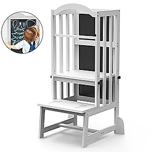 DORPU Toddler Kitchen Stool Helper for Kids, Adjustable Height Toddler Tower with Double-Side Art Board, Anti-tip Montessori Kids Learning Kitchen Step Stool