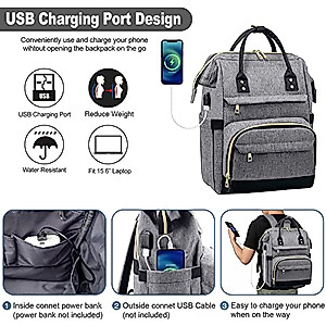 Water Resistant Large Travel Bags, Business Teacher Nurse Computer Purse Work Bag with USB Charging Port, Fit 15.6 Inch Laptop Backpack for Women Men, Grey Black
