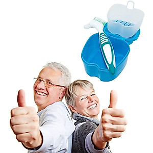 4 Pcs False Teeth Container, Denture Base Holder Box, Soaking Denture Bath with Strainer Basket & Denture Brush for Travel Overnight Denture Cleaning Case（Blue Green）