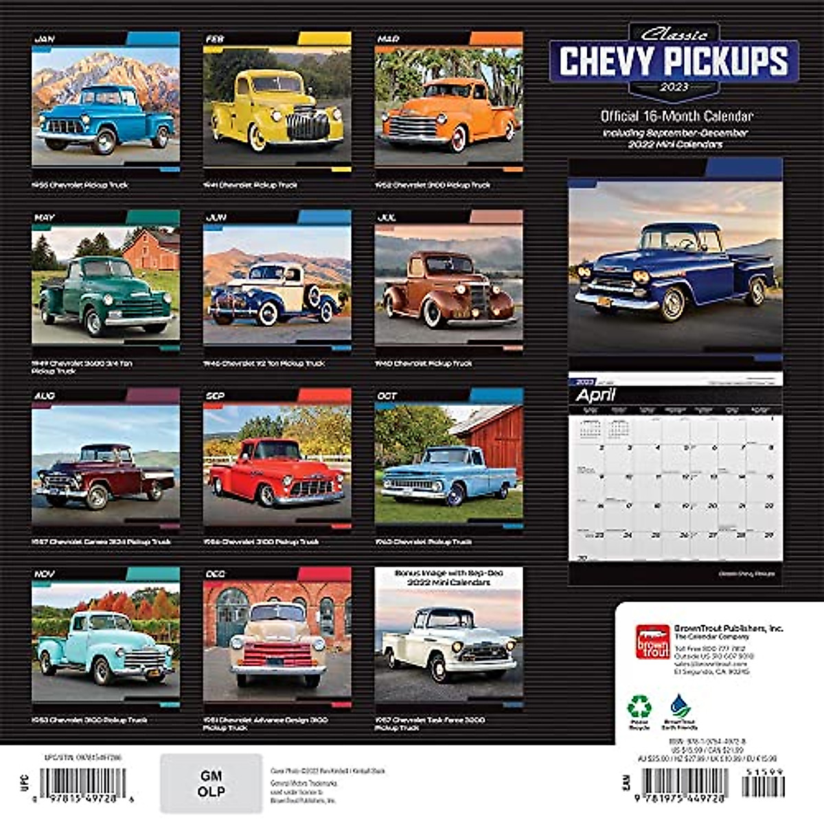 Classic Chevy Pickups OFFICIAL | 2023 12 x 24 Inch Monthly Square Wall Calendar | Foil Stamped Cover | BrownTrout | Chevrolet Motor Truck