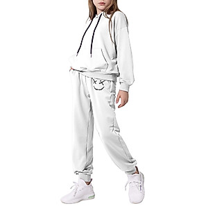blibean Teen Boy Fall Clothes Sets Jogging Jogger Outfit Little Girl Hoodies Two Piece Sweat Pants Comfy 2pc CLothes Age 12T-13T (Size 12-13 Year) White
