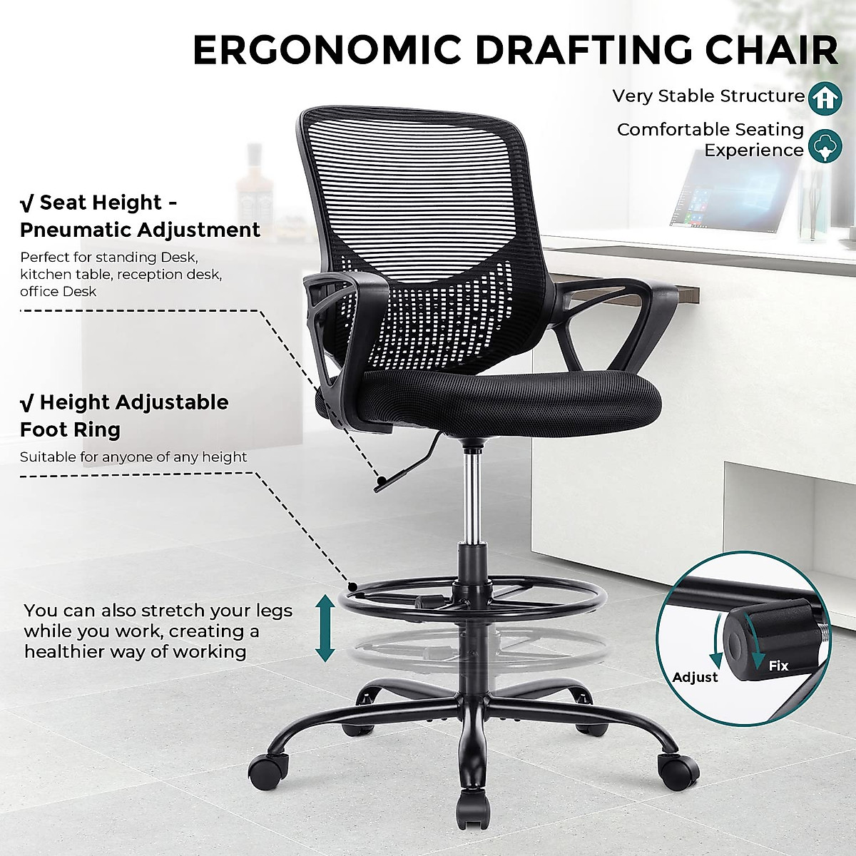 SMUG Drafting Chair Tall Office Chair, Standing Desk Chair Counter Height Office Chairs, Mid Back Mesh Office Drafting Chairs with Armrest, Height Adjustable Foot Ring, Black