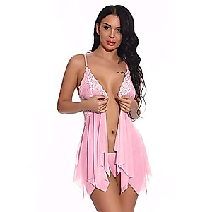 Aniywn Sexy Plus Size Lingerie Sets for Women Sexy Lace Lingerie Front Closure V Neck Mesh Nightwear Chemise Sleepwear Pink