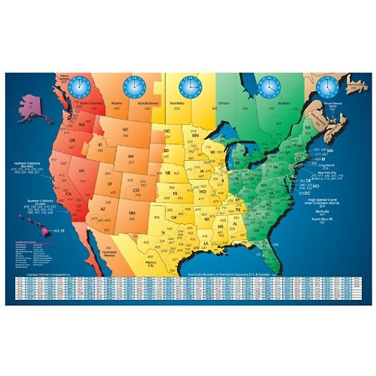 ImageAbility North America Laminated Gloss Time Zone Area Code Map with Reverse Lookup, Large Wall Size 24 by 36 Inches