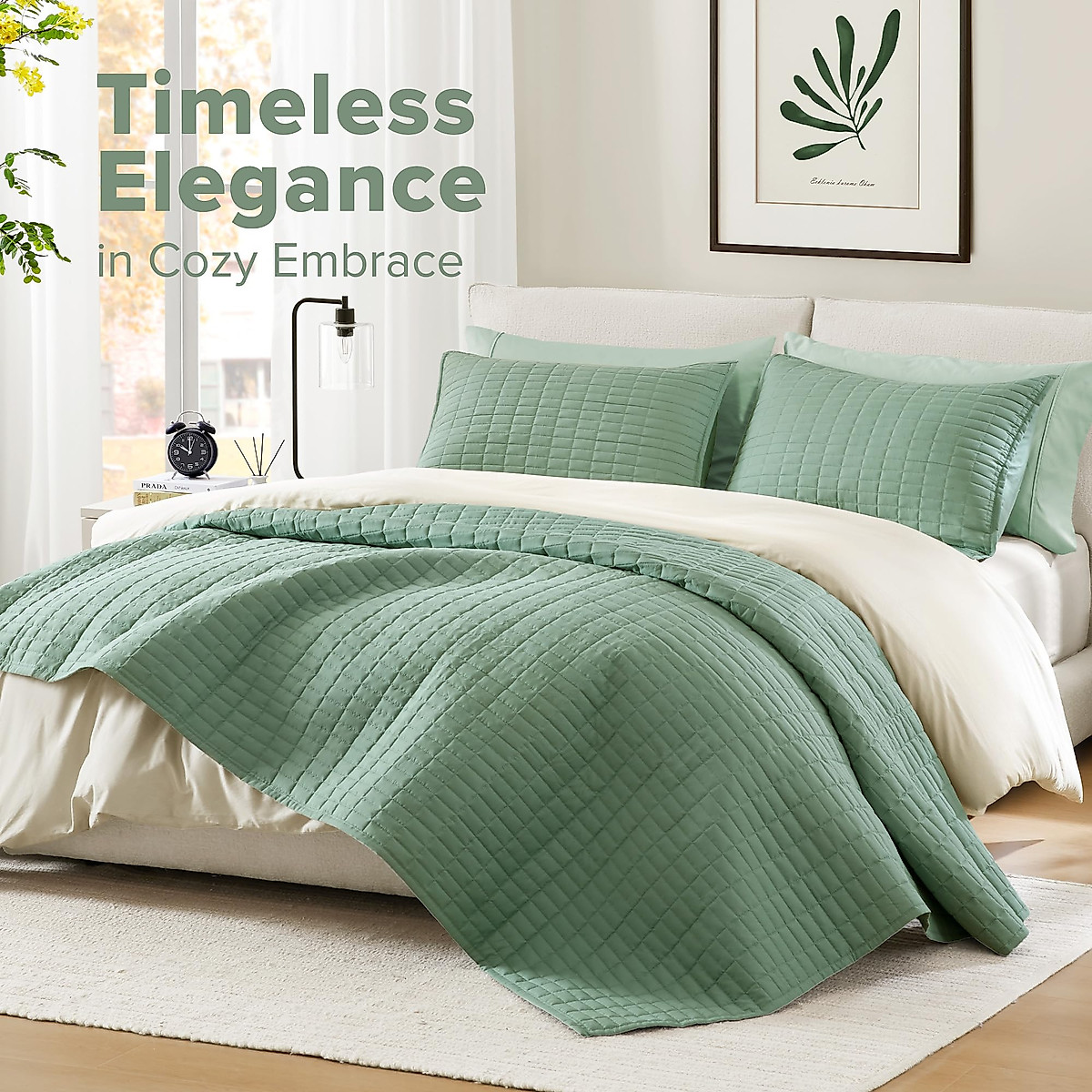 Comfort Spaces Kienna Quilt Set-Luxury Double Sided Stitching Design All Season, Lightweight, Coverlet Bedspread Bedding, Matching Shams, Bedspread King (120"x118"), Seafoam