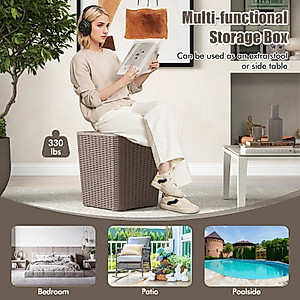 Tangkula 11.5 Gallon Water-proof Deck Box, Outdoo Patio Storage Box w/Removable Lid &, Faux Rattan Storage Container Side Table, All Weather Patio Furniture Extra Seat for Poolside (Brown)