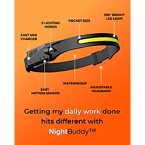 Night Buddy The Original LED Headlamp Rechargeable Flashlight for Adults Camping Essentials Backpacking Lights 4X Brighter Other Headlight Headband Lamp 5 Light Modes Hiking Gear Must Haves