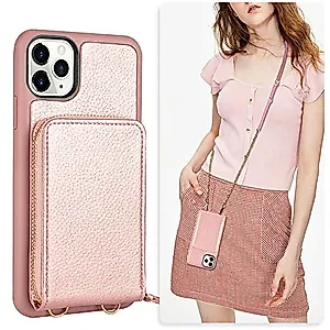 JLFCH Compatible with iPhone 12 Pro Max, Crossbody Wallet Case for iPhone 12 Pro Max, Zipper Credit Card Holder Wrist Strap Lanyard Purse for Apple iPhone 12 Pro Max (2020), 6.7 inch- Rose Gold