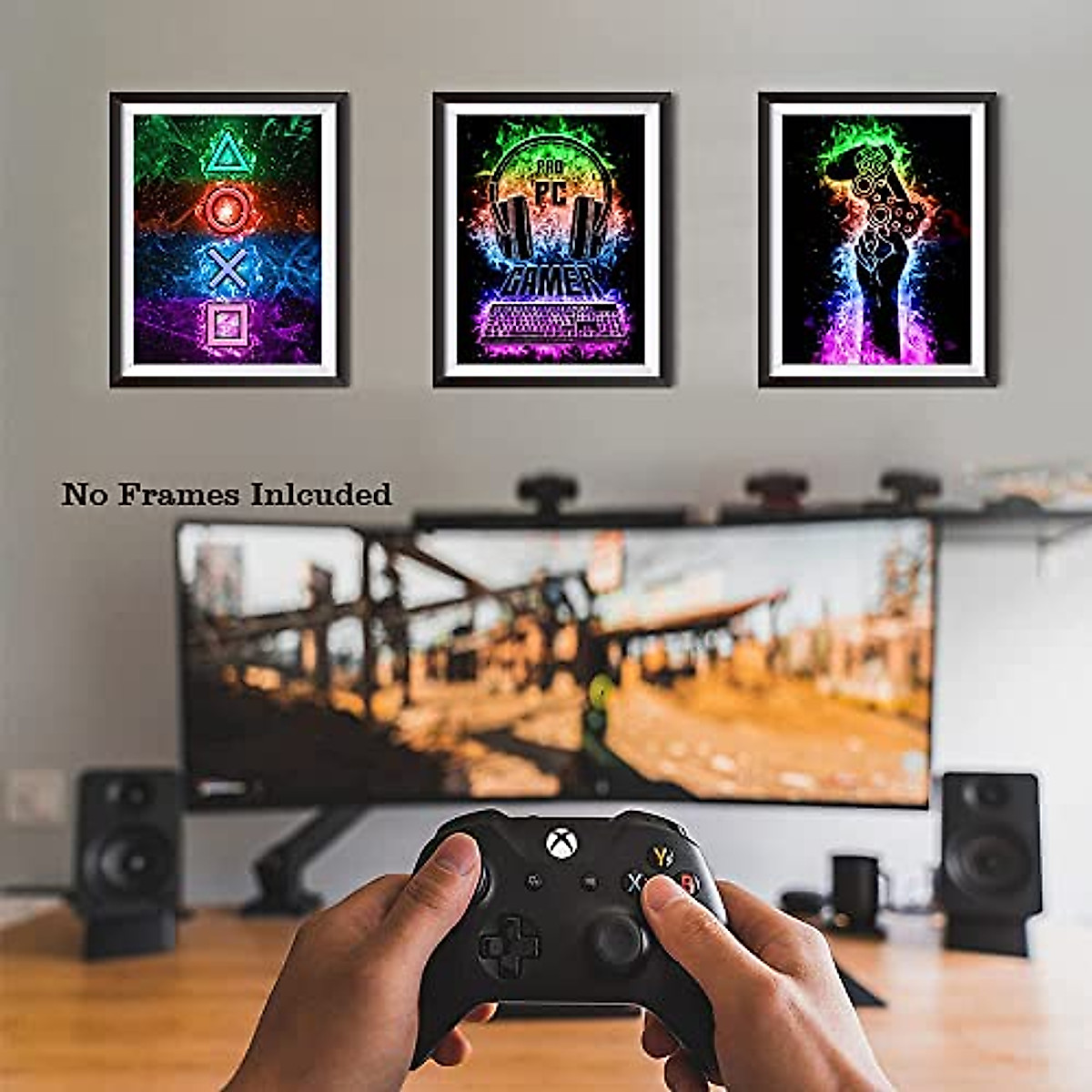 3 Pieces Neon Gaming Posters for Wall Decor, 11"x14" Neon Gamers Handle Playstation Keyboard Headset Canvas Art Posters, Game Wall Art for Teenage Room Playroom Decor, Gamer's Gift, (Unframed Prints)