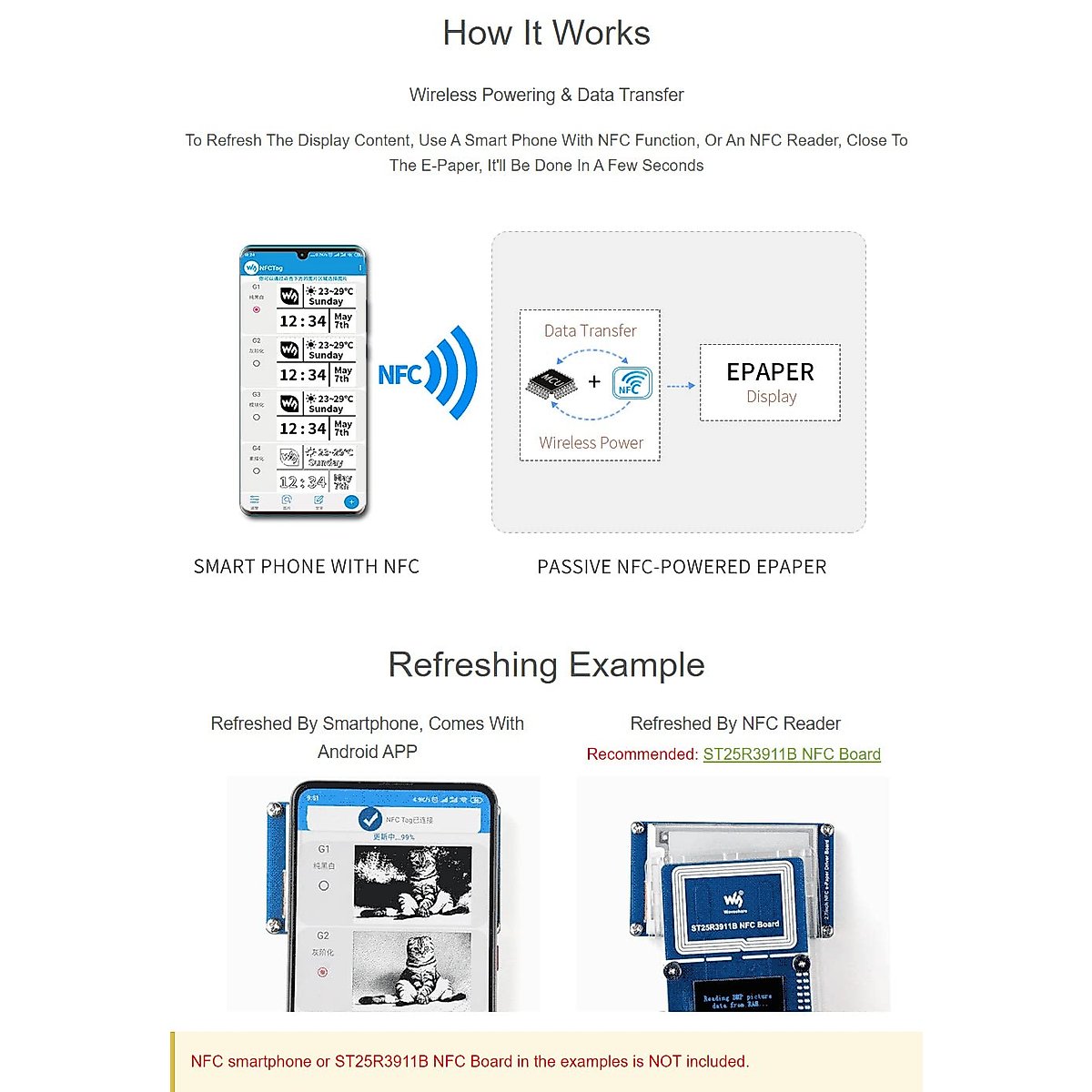 Waveshare 2.7inch Passive NFC-Powered E-Paper Module No Battery Wireless Powering & Data Transfer Provides Android APP Black and White Display