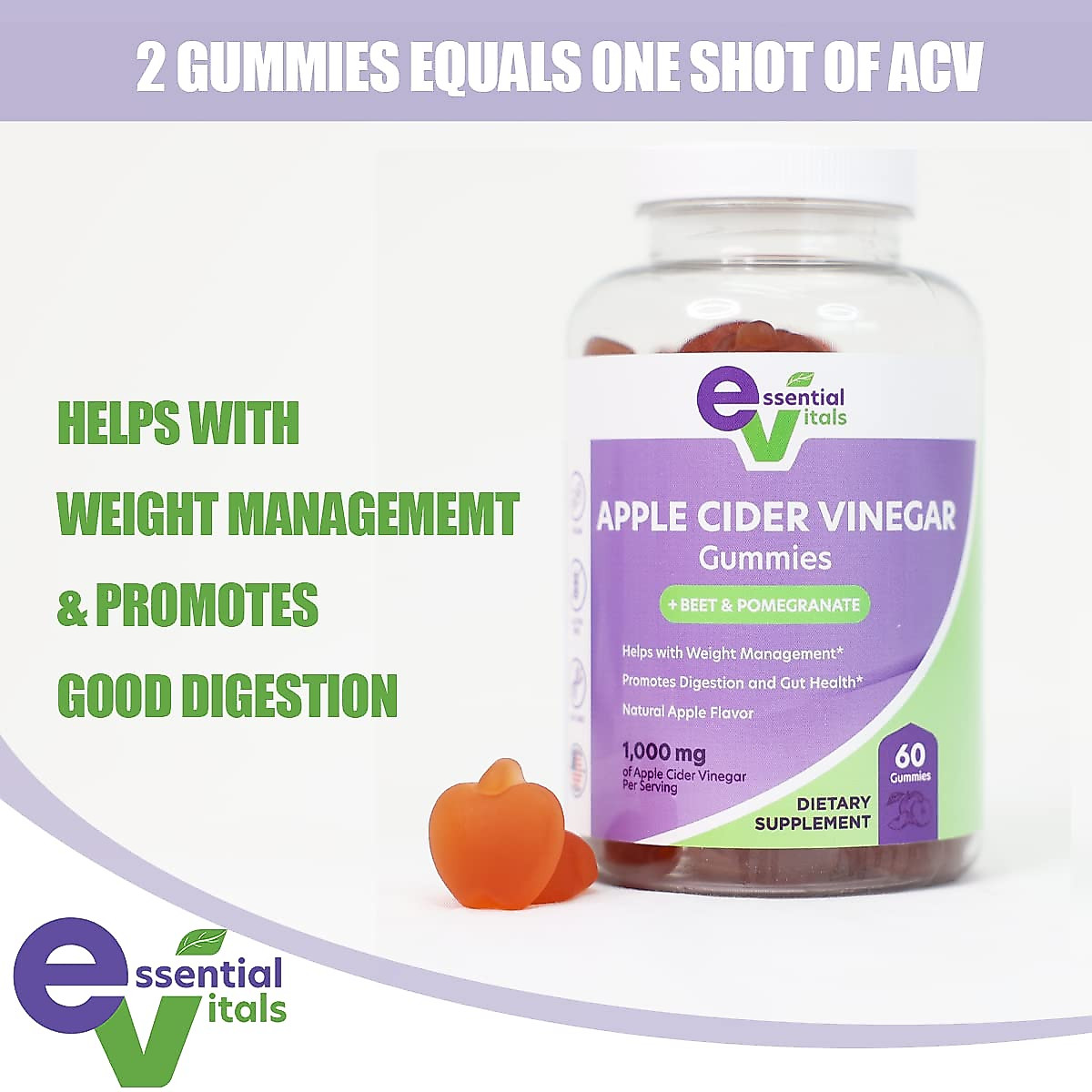 Essential Vitals - Apple Cider Vinegar Gummy Vitamins - 60 Count - (Vegan, Gluten-Free, Non-GMO, Vitamin B6, B12, Beetroot, Pomegranate)