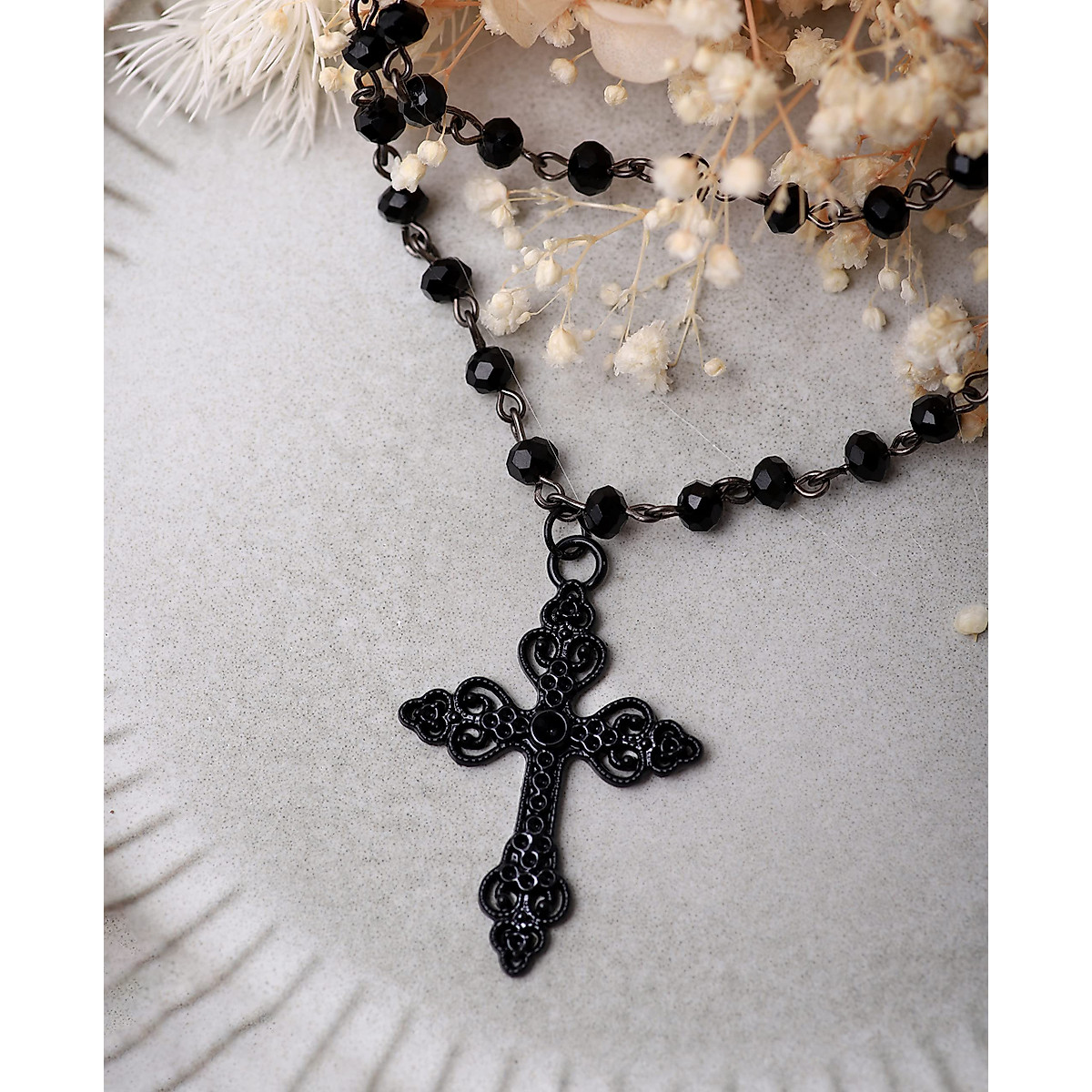Sacina Gothic Layered Cross Necklace, Zinc Alloy Black Bead Cross Choker Necklace, Halloween Goth Jewelry Gift for Women (Layered Bead Cross)