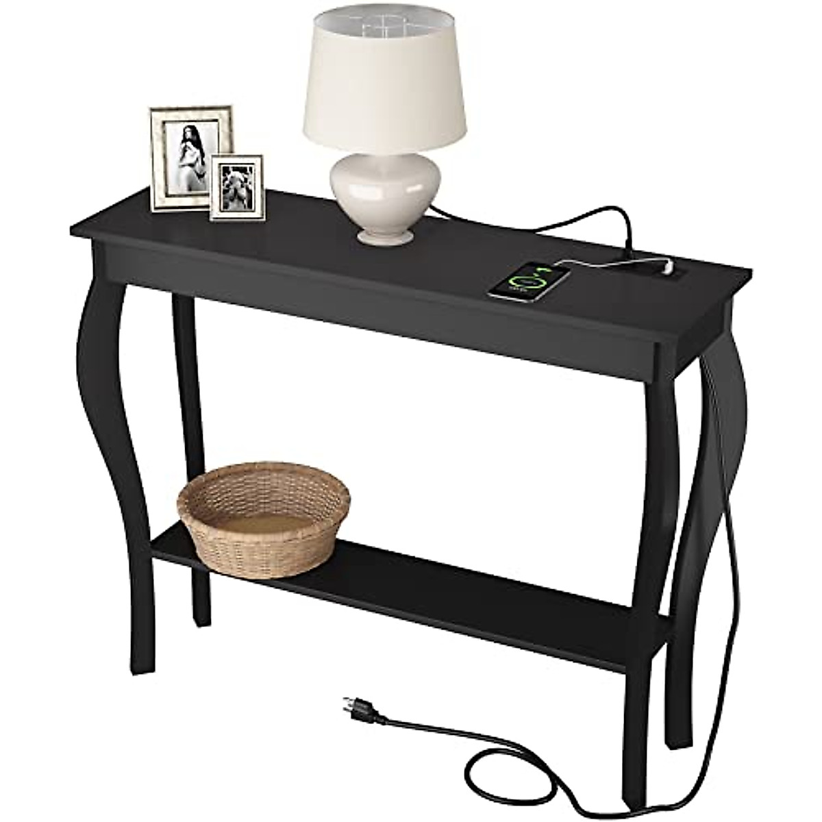 ChooChoo Console Table with Outlets and USB Ports, Narrow Sofa Table, Chic Accent Table for Living Room, Entryway, Hallway, Foyer, Black
