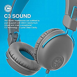 JLab Studio On-Ear Headphones | Wired Headphones | Tangle Free Cord | Ultra-Plush Faux Leather with Cloud Foam Cushions | 40mm Neodymium Drivers with C3 Sound | Gray/Blue