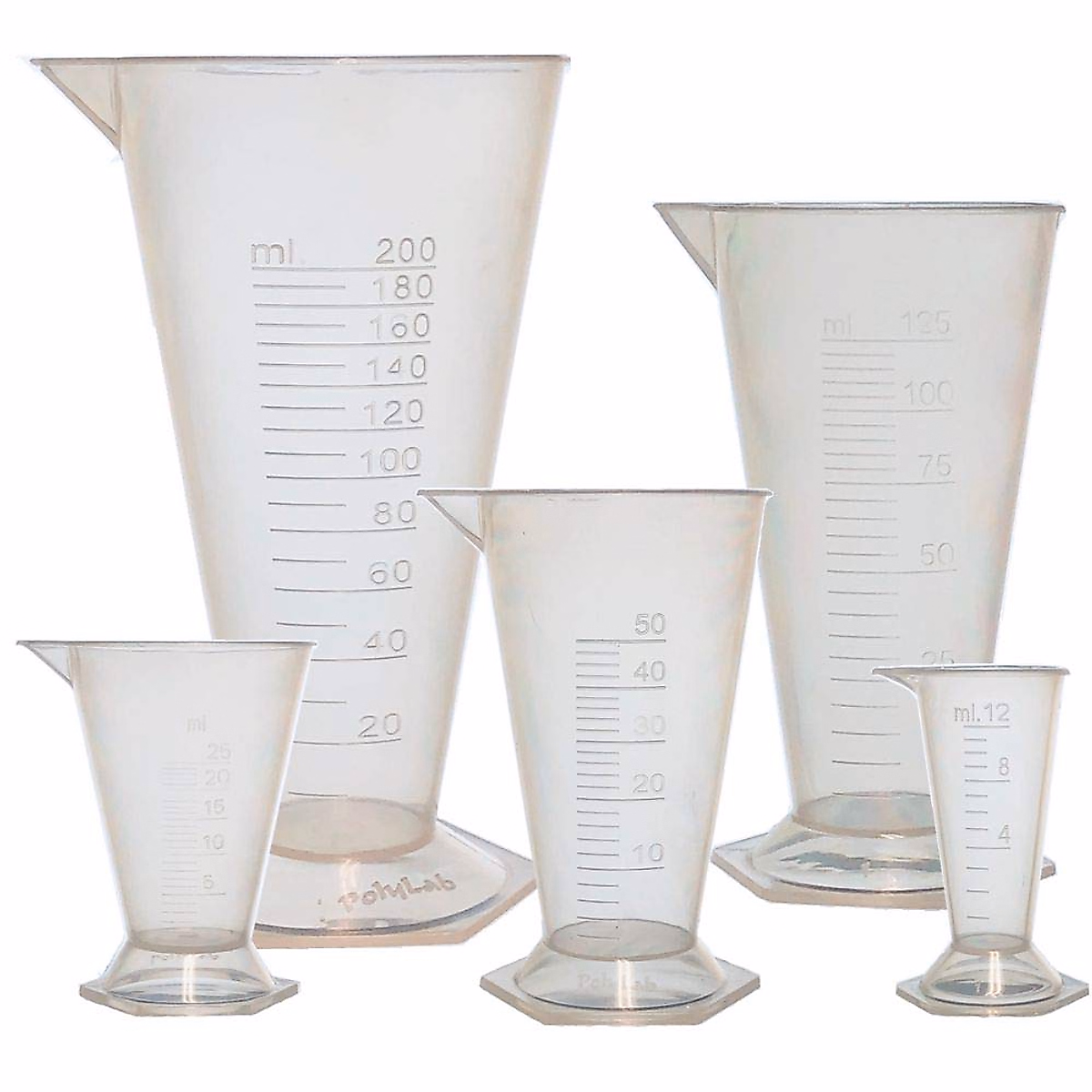 Conical Measuring Cup Set, 5 Sizes - 12, 25, 50, 125, and 200ml, Polypropylene, Hexagonal Base, Karter Scientific