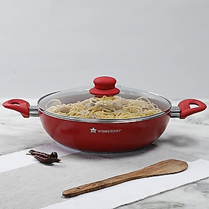Wonderchef Royal Velvet Non-Stick, PFOA-Free and Nickel-Free Aluminum Indian Chinese Cuisine Stir Fry Wok with Lid; 24cm; Red