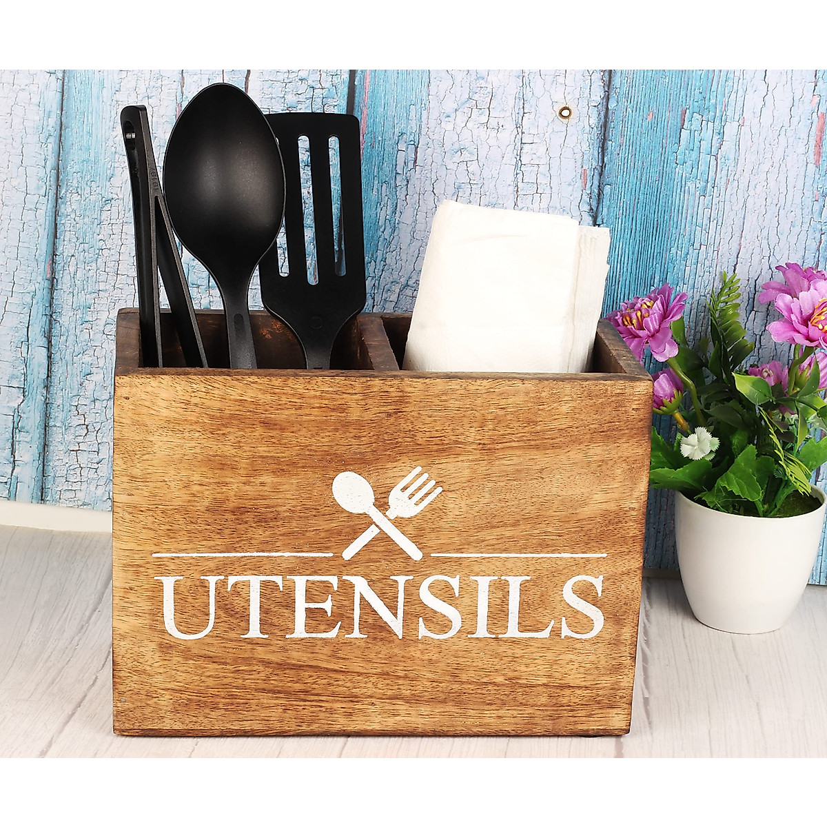 ARTISENIA Wooden Kitchen Utensil Holder With 2 Compartments Wood Utensil Organizer for Cutlery, Napkins, Cups Caddy Organizer | 9.5 X 5 X 7 Inch