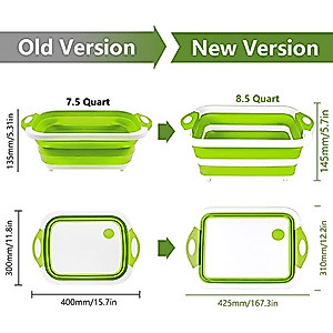 QiMH Collapsible Cutting Board - Portable Washing Veggies Fruits Food Grade Camping Sink (8.5Quart) with Draining Plug - Foldable Multi-function Kitchen Plastic Silicone Basin(Knife Included)