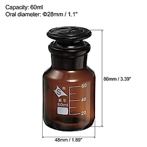 PATIKIL 60mL Reagent Media Bottle, 1Pcs Round 3.3 Borosilicate Glass Graduated Storage Bottle with Amber Cap for Chemistry Lab Universities Home, Amber