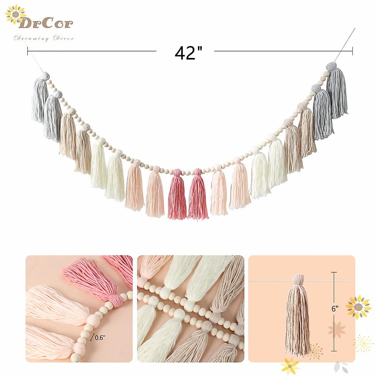 DrCor Pink Grey Yarn Tassel Garland Boho Preppy Bunting Banner Wall Hanging Decor for Classroom Office Birthday Party Nursery Kids Bedroom Baby Shower Decoration